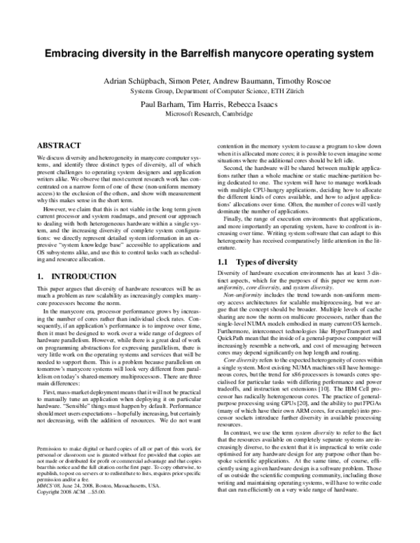 (PDF) Embracing Diversity In the Barrelfish Manycore Operating System