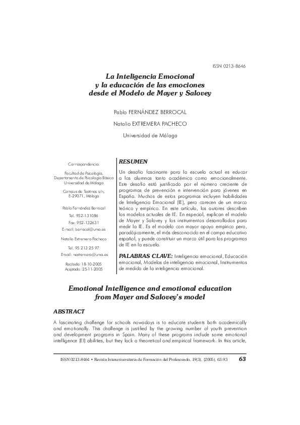 (PDF) La Inteligencia Emocional y la educación de las emociones desde el Modelo de Mayer y ...