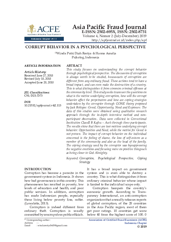 (PDF) Corrupt Behavior in a Psychological Perspective