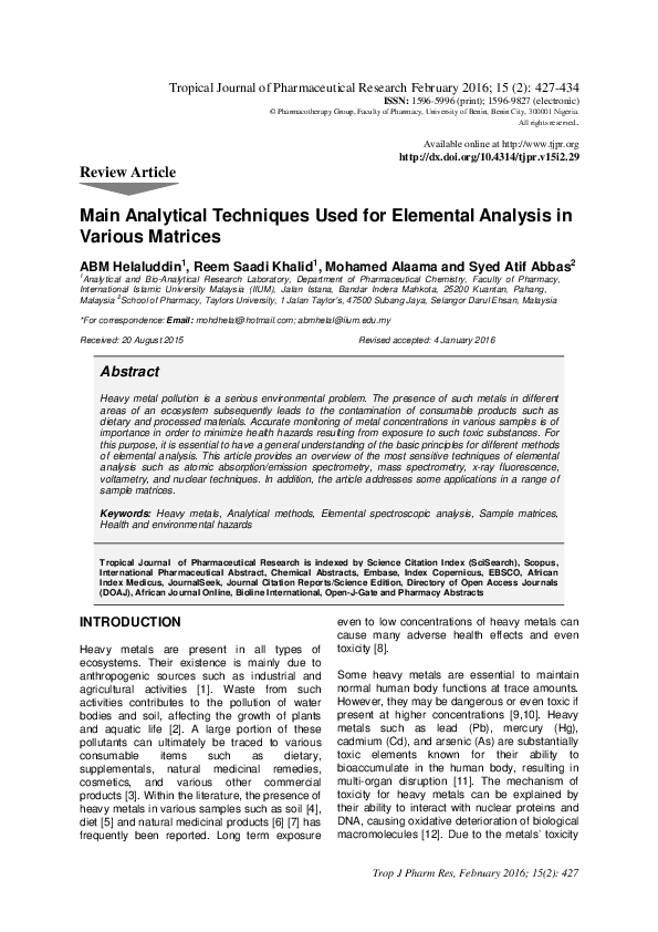 (PDF) Main Analytical Techniques Used for Elemental Analysis in Various ...
