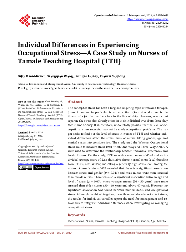 (PDF) Individual Differences in Experiencing Occupational Stress-A Case ...