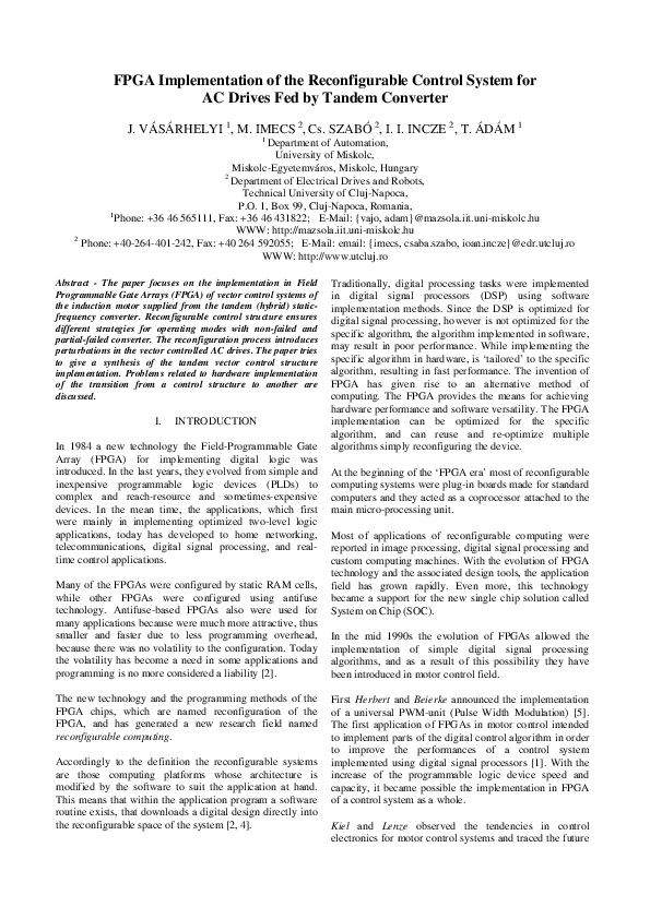 Pdf Fpga Implementation Of The Reconfigurable Control System For Ac Drives Fed By Tandem Converter 