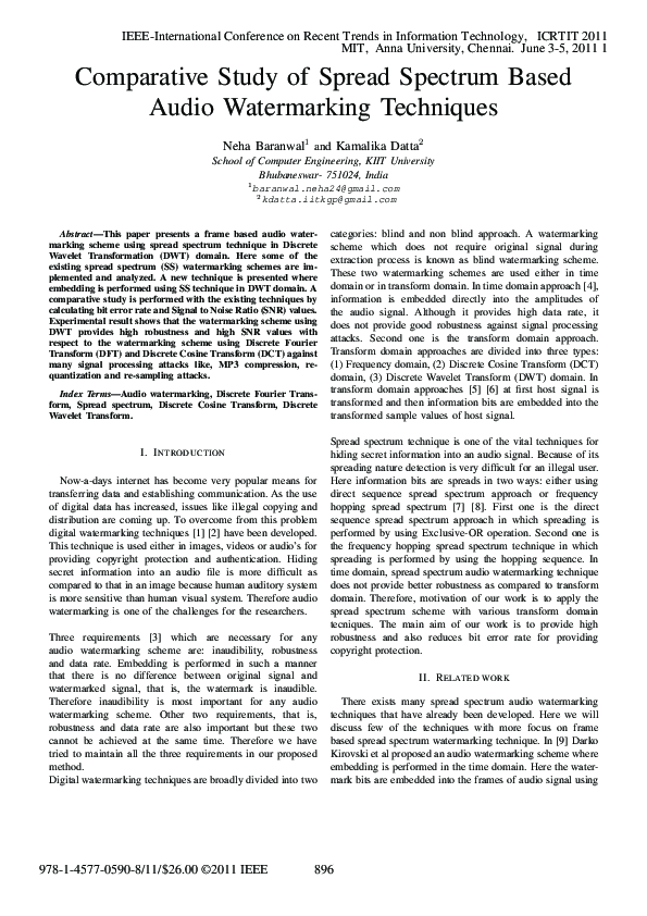 (PDF) Comparative study of spread spectrum based audio watermarking techniques
