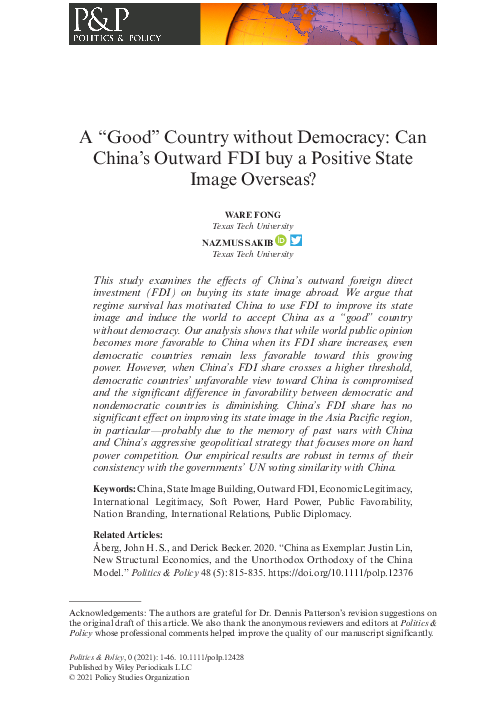 (PDF) A "Good" Country without Democracy: Can China's Outward FDI buy a ...