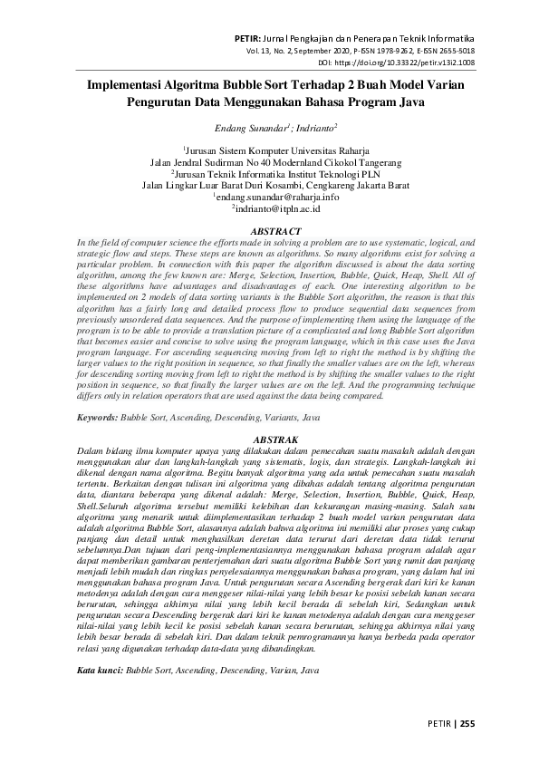 (PDF) Implementasi Algoritma Bubble Sort Terhadap 2 Buah Model Varian ...
