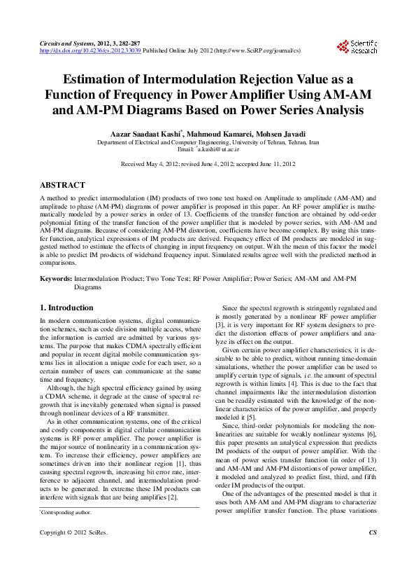 (PDF) Estimation of Intermodulation Rejection Value as a Function of Frequency in Power ...