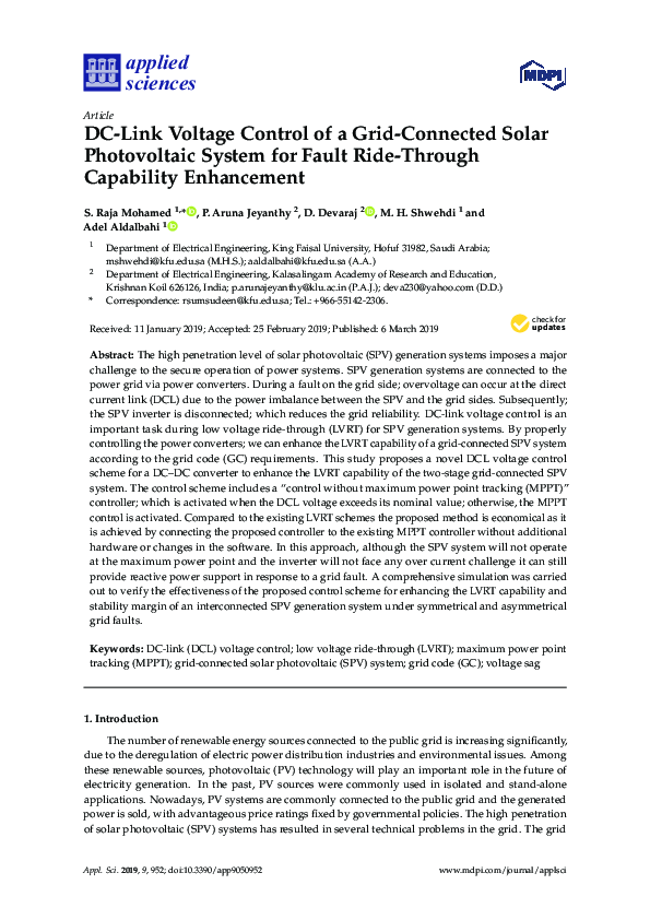 (PDF) DC-Link Voltage Control of a Grid-Connected Solar Photovoltaic System for Fault Ride ...