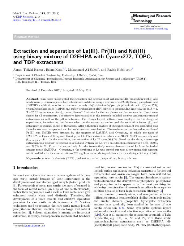 (PDF) Extraction and separation of La(III), Pr(III) and Nd(III) using ...