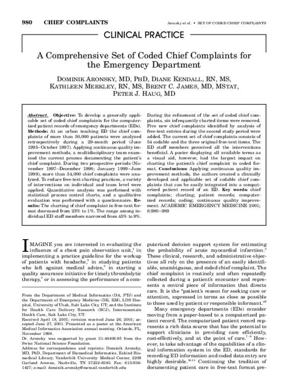 (PDF) A Comprehensive Set of Coded Chief Complaints for the Emergency ...