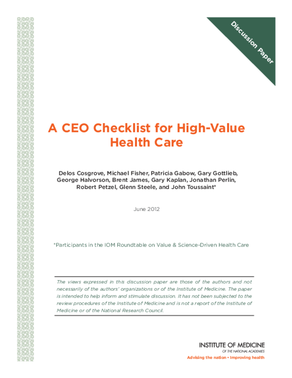 (PDF) A CEO Checklist for High-Value Health Care