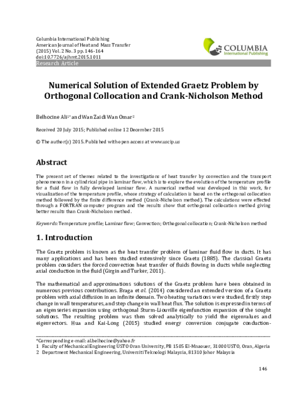 Pdf Numerical Solution Of Extended Graetz Problem By Orthogonal Collocation And Crank