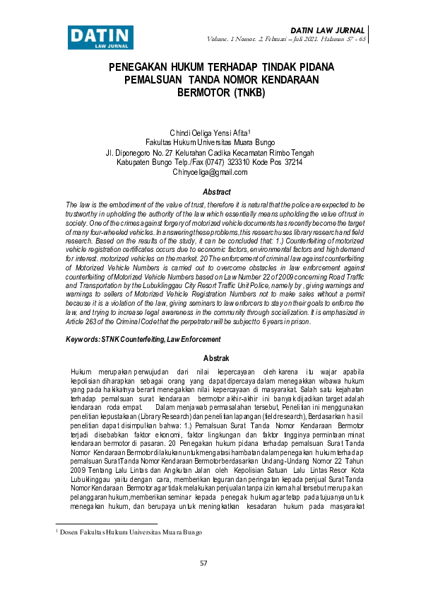 (PDF) PENEGAKAN HUKUM TERHADAP TINDAK PIDANA PEMALSUAN TANDA NOMOR KENDARAAN BERMOTOR (TNKB