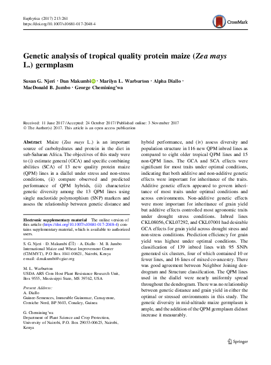 (PDF) Genetic analysis of tropical quality protein maize (Zea mays L.) germplasm