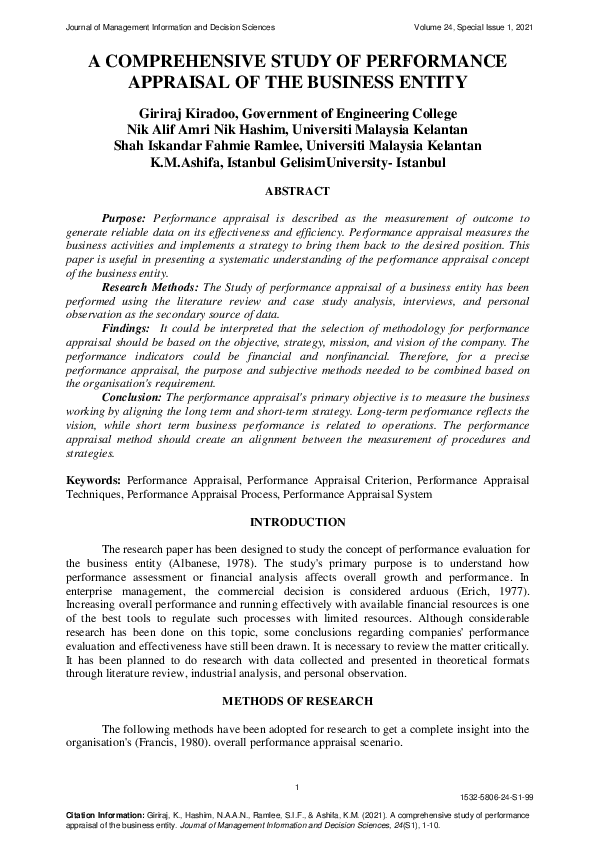 (PDF) A COMPREHENSIVE STUDY OF PERFORMANCE APPRAISAL OF THE BUSINESS ENTITY