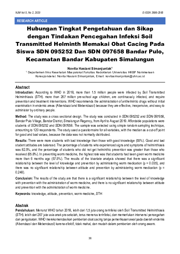 (PDF) Hubungan Tingkat Pengetahuan dan Sikap dengan Tindakan Pencegahan Infeksi Soil Transmitted ...