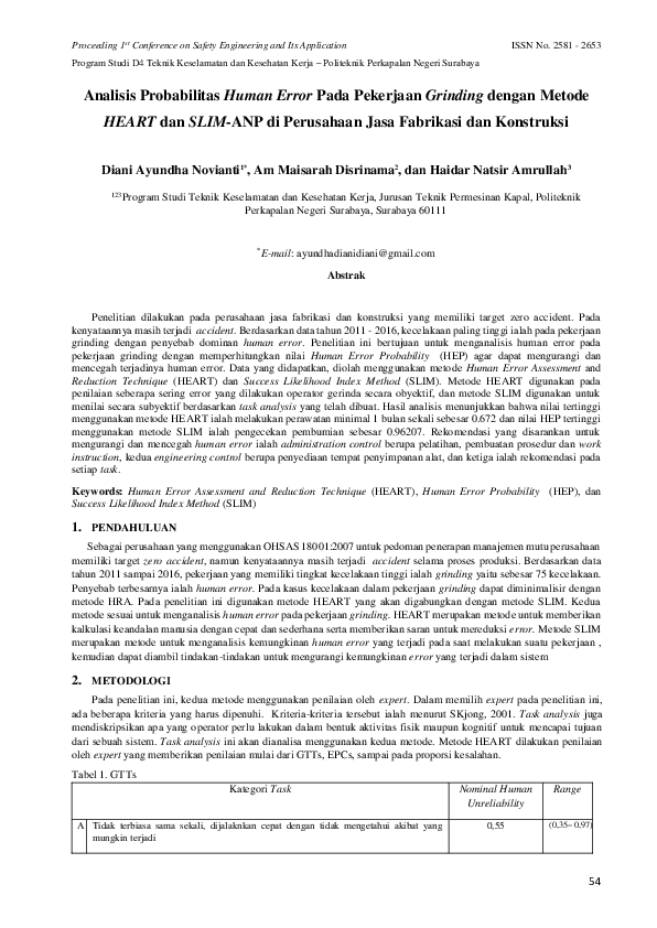 (PDF) Analisis Probabilitas Human Error Pada Pekerjaan Grinding dengan Metode HEART dan SLIM-ANP ...