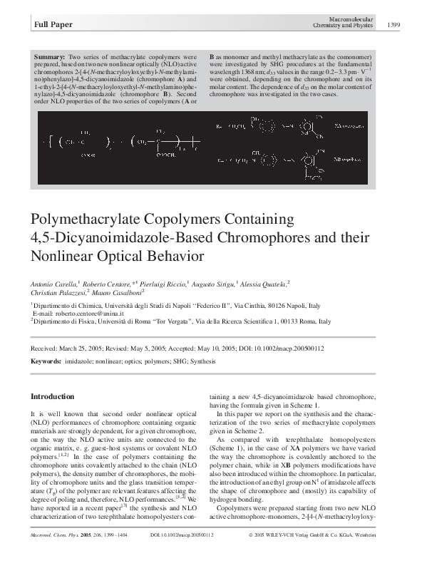 (PDF) Polymethacrylate Copolymers Containing 4,5-Dicyanoimidazole-Based ...
