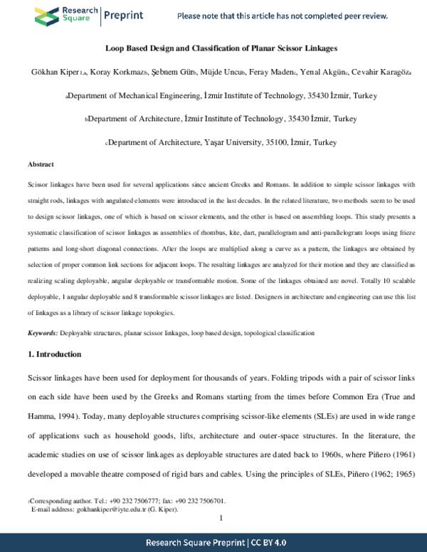 Pdf Loop Based Design And Classification Of Planar Scissor Linkages