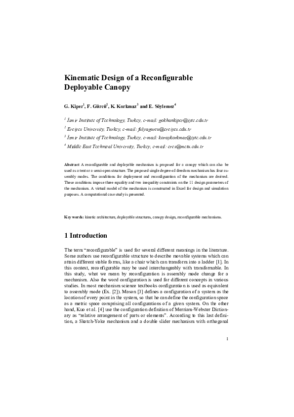 Pdf Kinematic Design Of A Reconfigurable Deployable Canopy