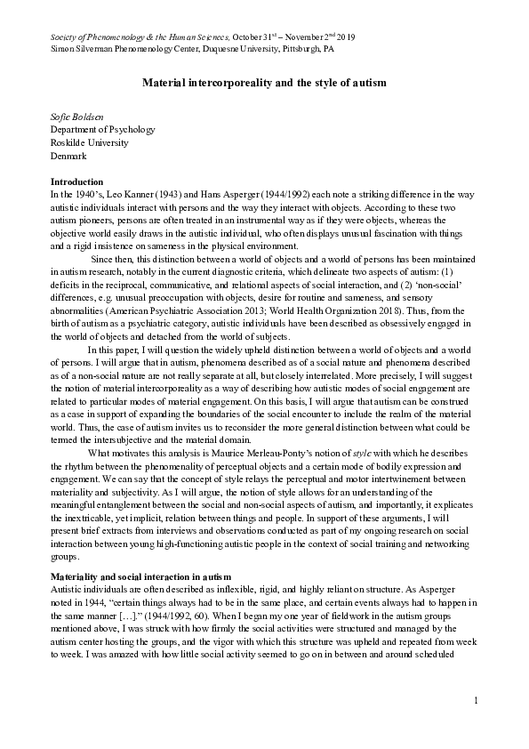 (PDF) Material intercorporeality and the style of autism