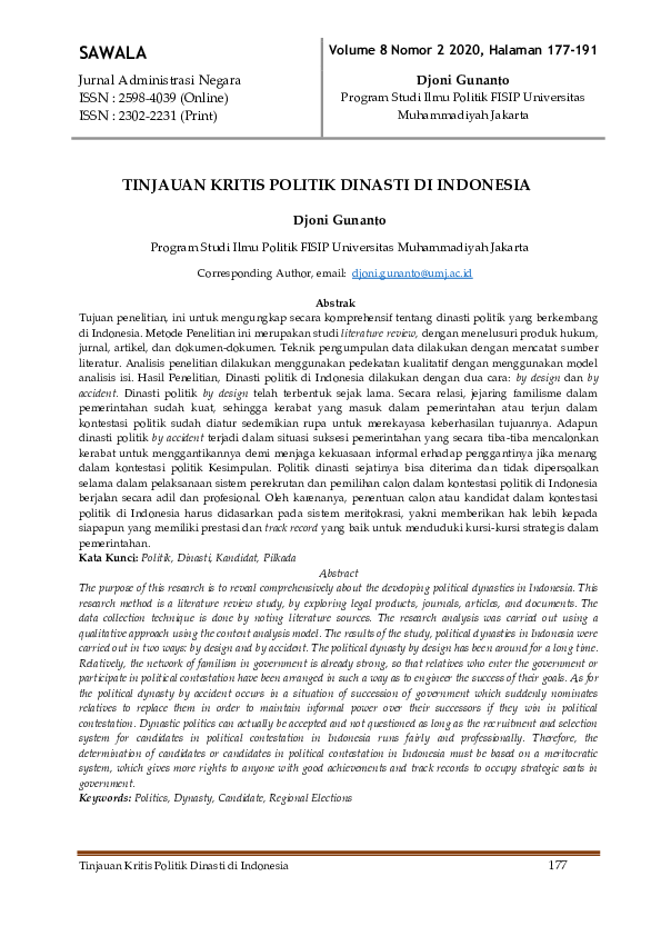 (PDF) Tinjauan Kritis Politik Dinasti di Indonesia