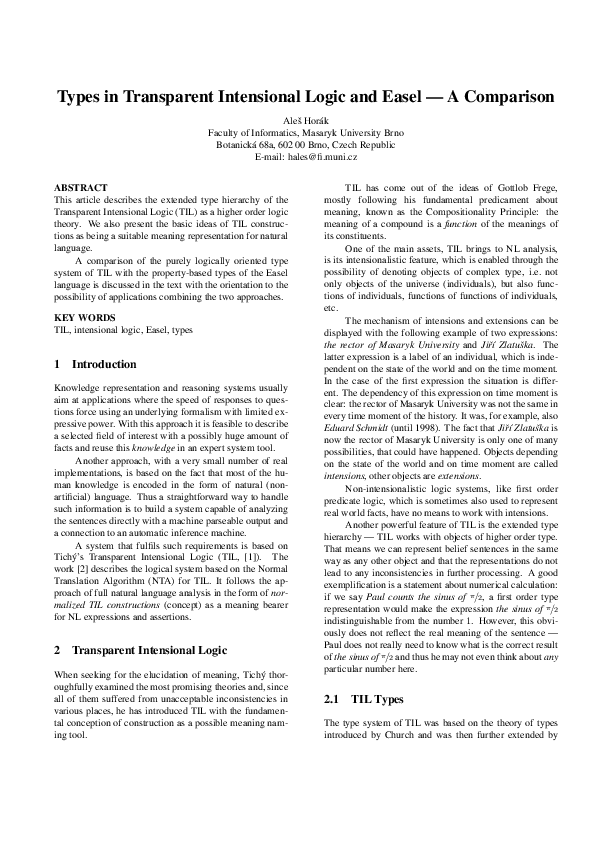 (PDF) Types in Transparent Intensional Logic and Easel--A Comparison