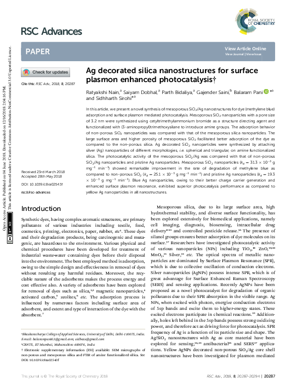 (PDF) Ag decorated silica nanostructures for surface plasmon enhanced photocatalysis