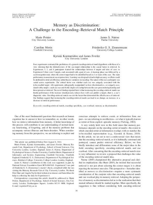 Pdf Memory As Discrimination A Challenge To The Encodingretrieval Match Principle