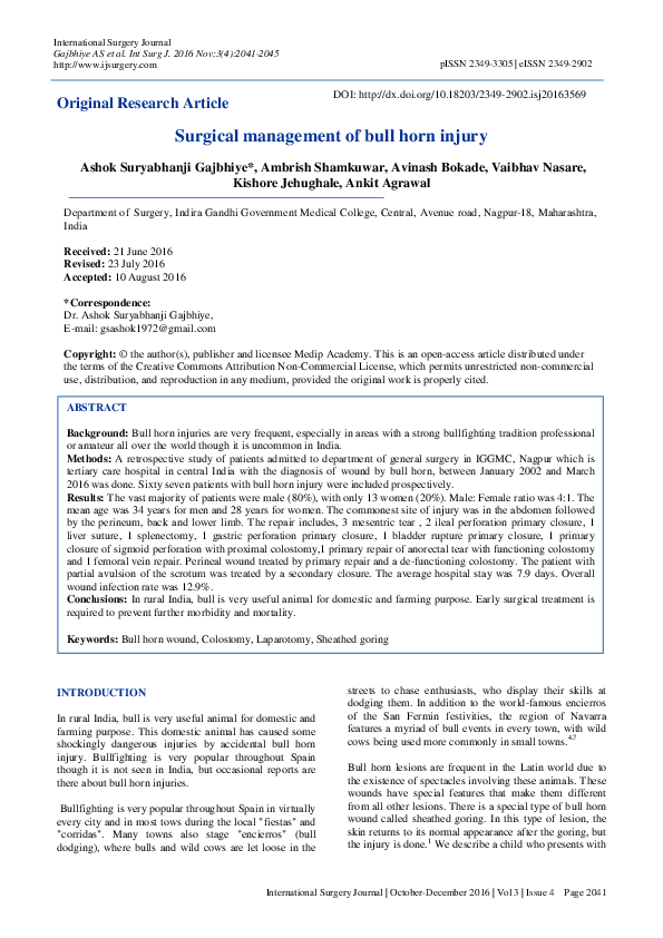 (PDF) Surgical management of bull horn injury