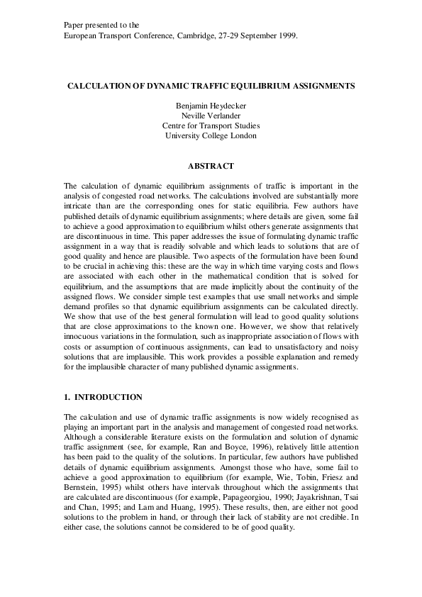 Pdf Calculation Of Dynamic Traffic Equilibrium Assignments