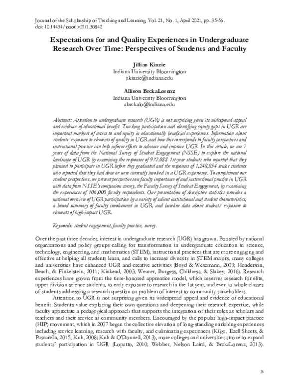 (PDF) Expectations for and Quality Experiences in Undergraduate ...