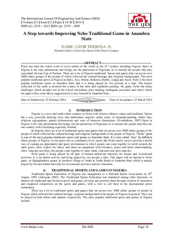 (PDF) A Step towards Improving Ncho Traditional Game in Anambra State