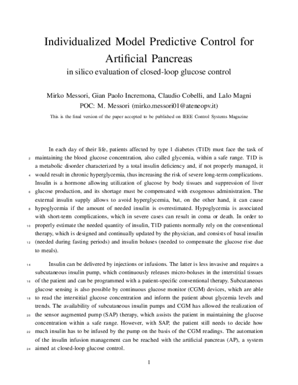 (PDF) Individualized Model Predictive Control for the Artificial Pancreas: In Silico Evaluation ...