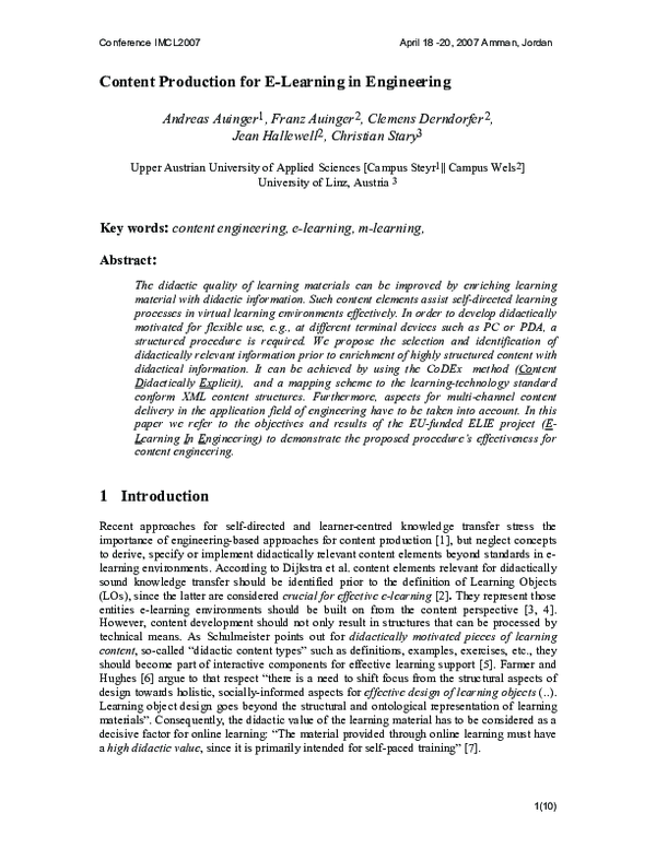 (PDF) Content Production for E-Learning in Engineering | chris stary ...
