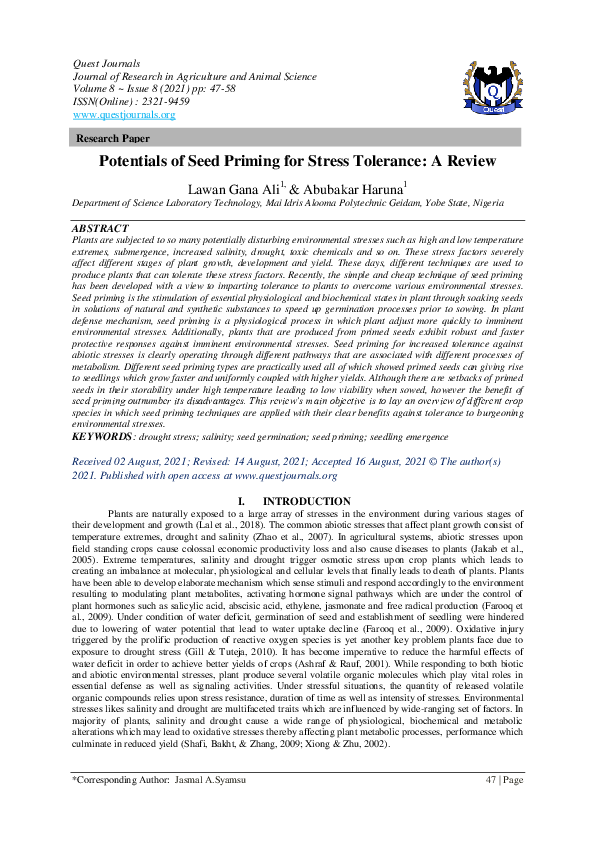 (PDF) Potentials of Seed Priming for Stress Tolerance: A Review