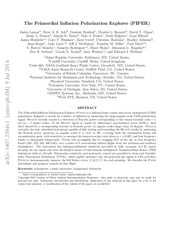 (PDF) The primordial inflation polarization explorer (PIPER) | Dominic ...