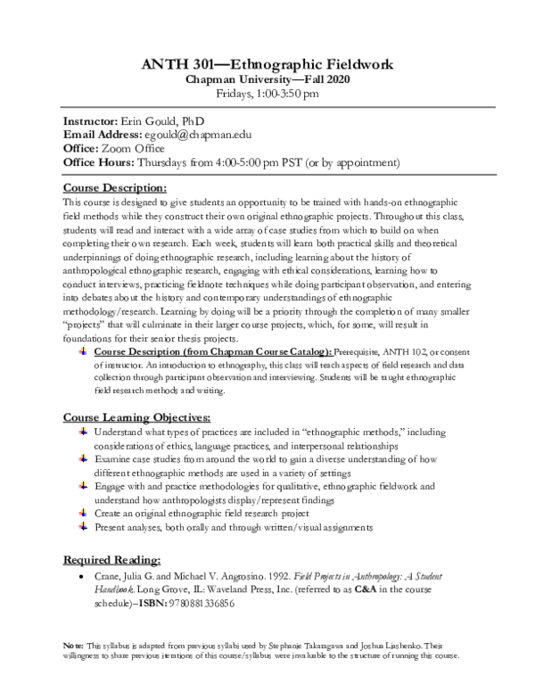 (PDF) ANTH 301-Ethnographic Fieldwork (Fall 2020)
