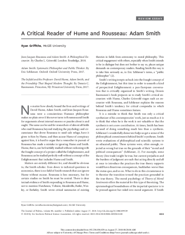 (PDF) A Critical Reader of Hume and Rousseau: Adam Smith