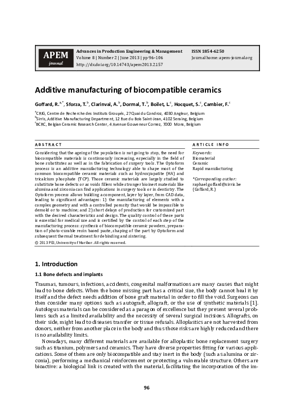 (PDF) Additive manufacturing of biocompatible ceramics