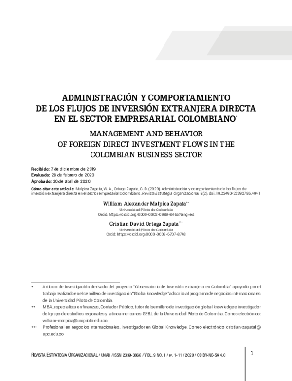 (PDF) Administración y comportamiento de los flujos de inversión extranjera directa en el sector ...