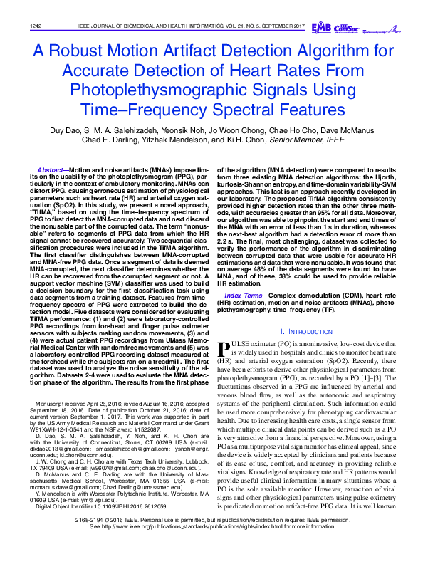 Pdf A Robust Motion Artifact Detection Algorithm For Accurate Detection Of Heart Rates From