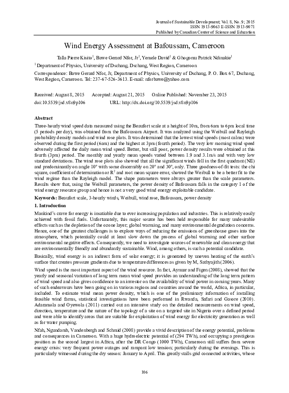 (PDF) Wind Energy Assessment at Bafoussam, Cameroon
