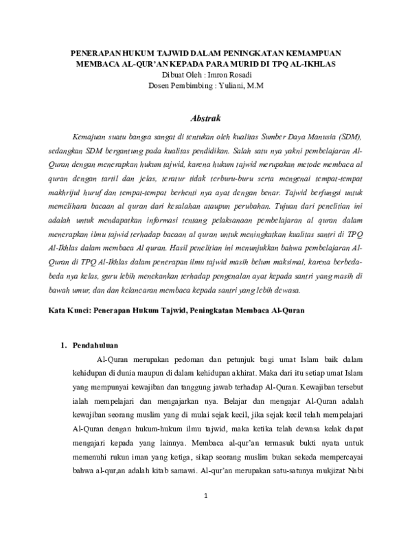 (DOC) PENERAPAN HUKUM TAJWID DALAM PENINGKATAN KEMAMPUAN MEMBACA AL-QUR'AN KEPADA PARA MURID DI ...