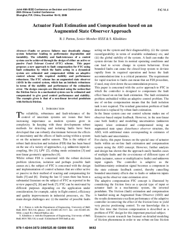 (PDF) Actuator fault estimation and compensation based on an augmented state observer approach