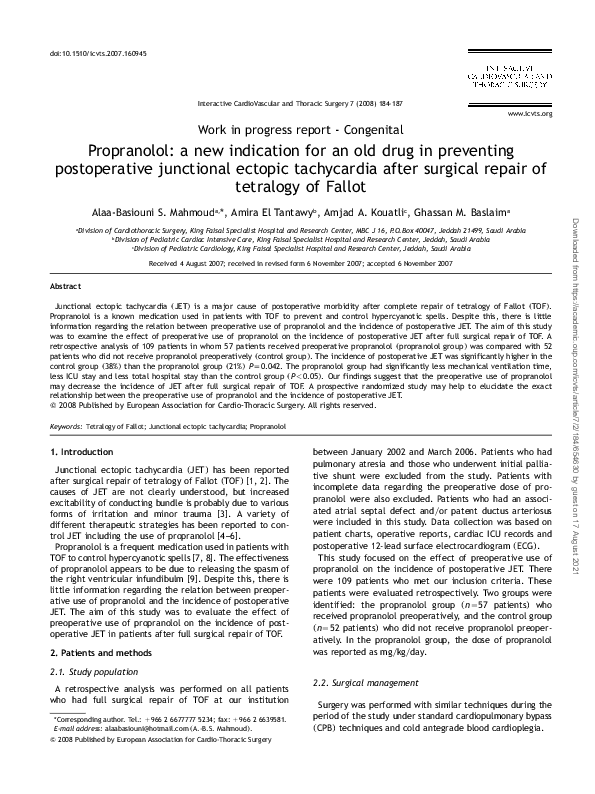 (PDF) Propranolol: a new indication for an old drug in preventing ...