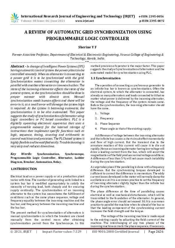 (PDF) IRJET- A REVIEW OF AUTOMATIC GRID SYNCHRONIZATION USING PROGRAMMABLE LOGIC CONTROLLER
