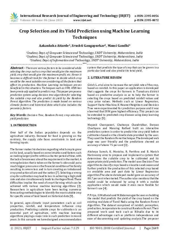 Pdf Irjet Crop Selection And Its Yield Prediction Using Machine Learning Techniques 