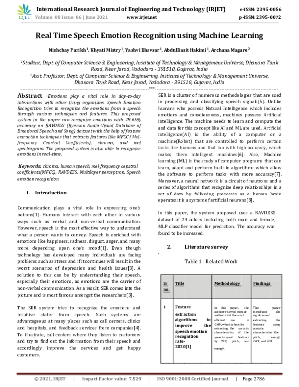 (PDF) IRJET- Real Time Speech Emotion Recognition using Machine Learning