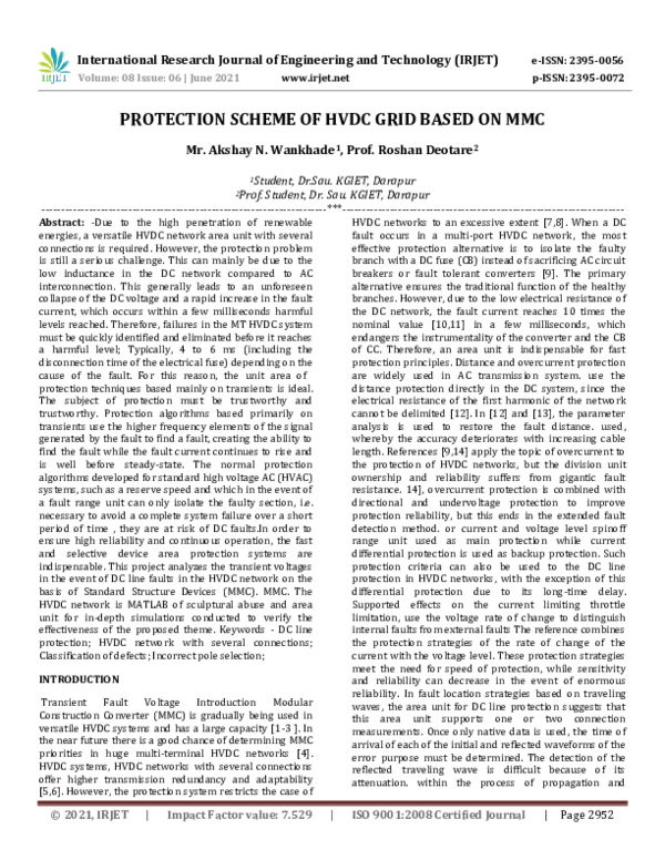 (PDF) IRJET- PROTECTION SCHEME OF HVDC GRID BASED ON MMC