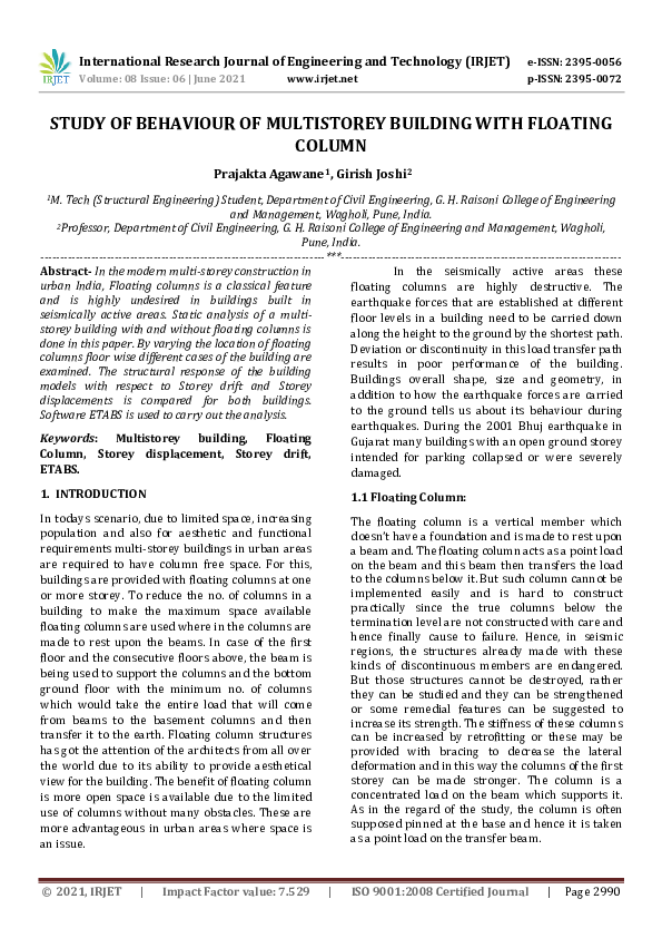 (PDF) IRJET- STUDY OF BEHAVIOUR OF MULTISTOREY BUILDING WITH FLOATING COLUMN | IRJET Journal ...
